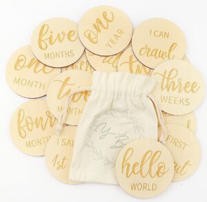 yumi and berry baby milestone cards from newborn to 2 years wooden monthly discs comes with hello world sign weekly wood dics - month signs (wild brave 15 pieces set) beige