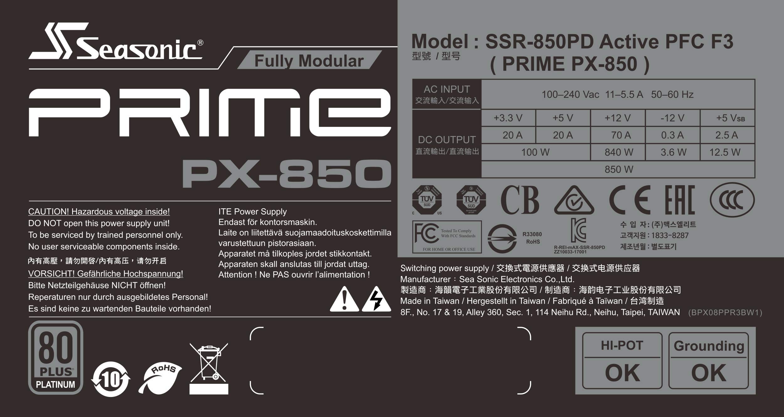 Seasonic Prime PX-850, 850W 80+ Platinum, Full Modular, Fan Control in Fanless, Silent, and Cooling Mode, 12 Year Warranty, Perfect Power Supply for Gaming and High-Performance Systems, SSR-850PD.