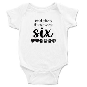 sarbien designs & then there were six baby dog pregnancy announcement bodysuit | baby shower reveal romper | coming soon surprise gift, white