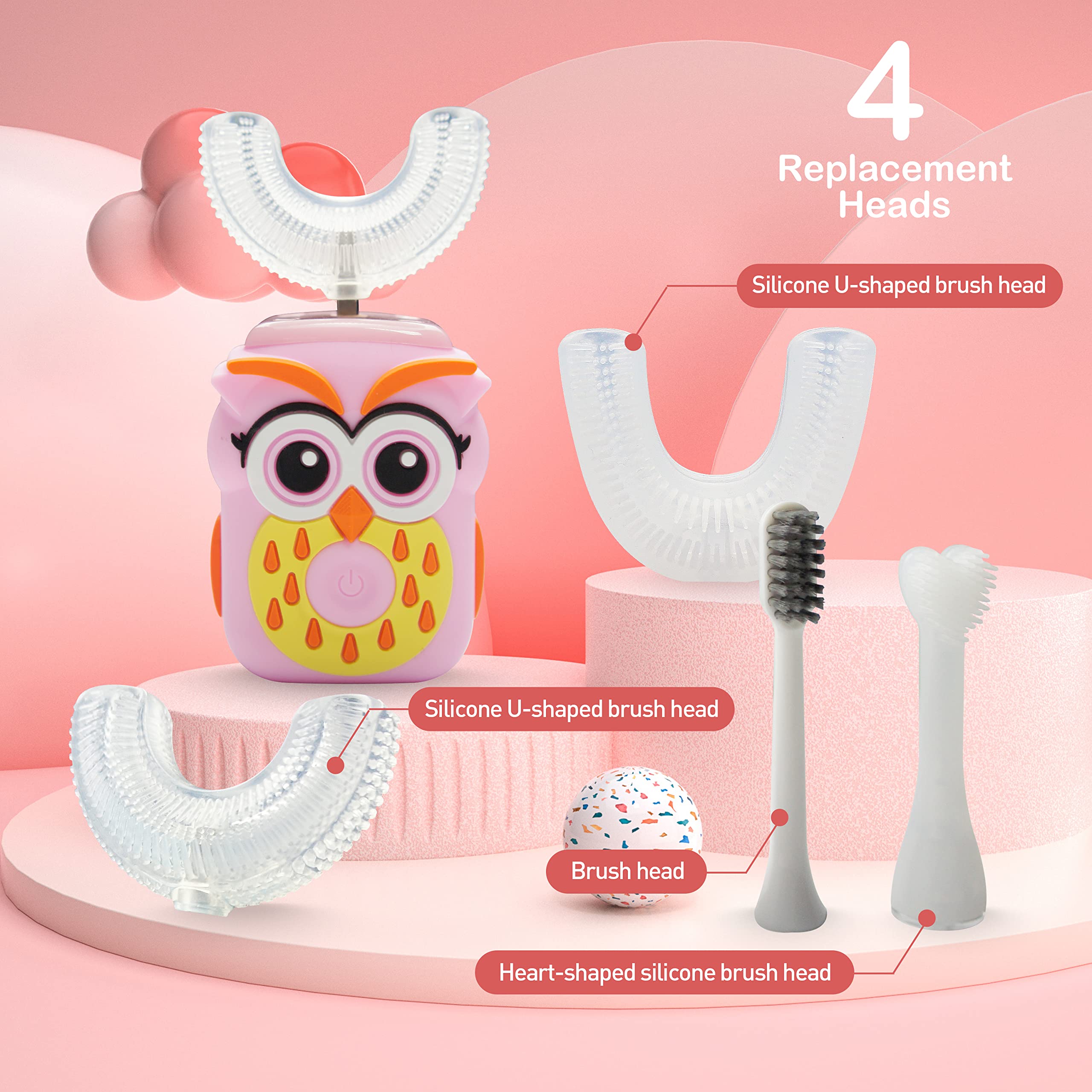 Kids U Shaped Electric Toothbrush 5 Models 4 Replacement Head Wireless Charging Children's Toothbrushes,Suitable for Toddlers 1-2 Years Old and Children 2-12 Age(Pink)