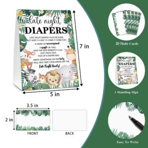 Late Night Diapers Sign, Safari Note Cards Diaper Thoughts, Late Night Diaper Baby Shower Game Set(1 Standing Sign + 20 Blank Greeting Cards), Jungle Baby Shower Party Favor Decor - A03