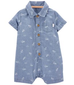 carter's baby boys' one piece short sleeve romper (24 months, chambray/plane)