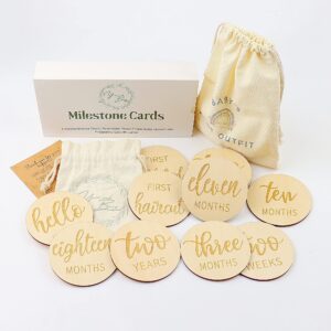 Yumi and Berry Baby Milestone Cards from Newborn to 2 Years Wooden Monthly Discs Comes with Hello World Sign Weekly Wood Dics - Month Signs (Wild Brave 15 Pieces Set) beige