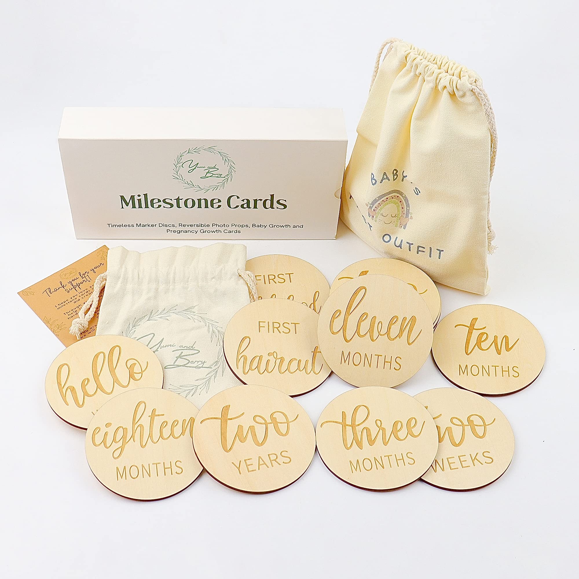 Yumi and Berry Baby Milestone Cards from Newborn to 2 Years Wooden Monthly Discs Comes with Hello World Sign Weekly Wood Dics - Month Signs (Wild Brave 15 Pieces Set) beige