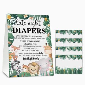 late night diapers sign, safari note cards diaper thoughts, late night diaper baby shower game set(1 standing sign + 20 blank greeting cards), jungle baby shower party favor decor - a03