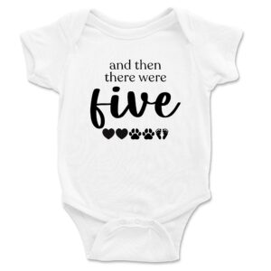 sarbien designs & then there were five baby dog pregnancy announcement bodysuit | baby shower reveal romper | coming soon surprise gift, white