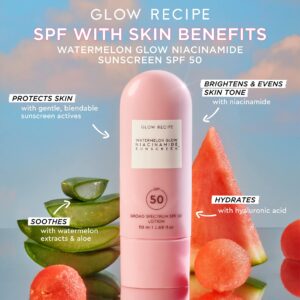 Glow Recipe Watermelon Glow SPF 50 Mineral Sunscreen - With Niacinamide, Hyaluronic Acid & Aloe Vera for Even Skin Tone - Lightweight Broad Spectrum