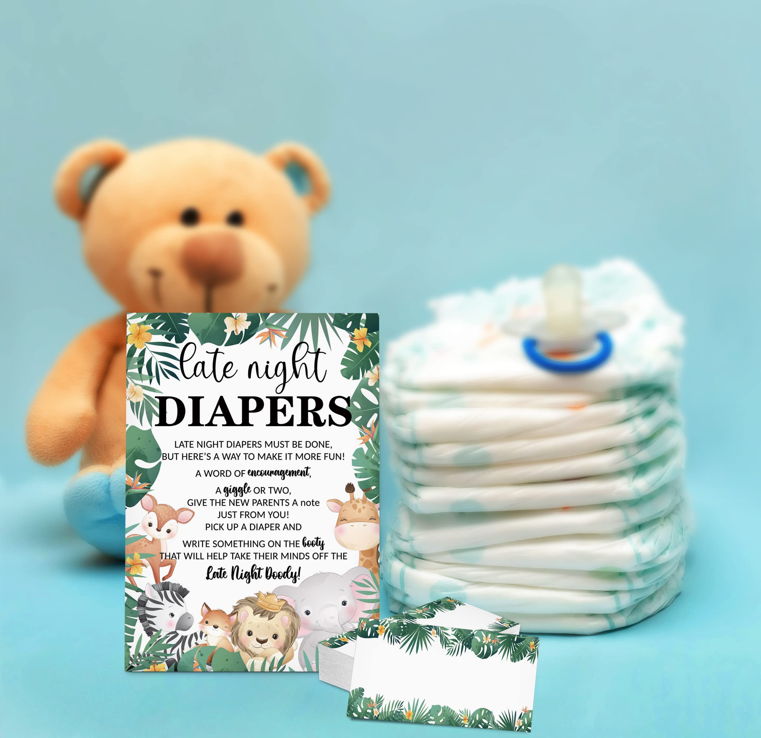 Late Night Diapers Sign, Safari Note Cards Diaper Thoughts, Late Night Diaper Baby Shower Game Set(1 Standing Sign + 20 Blank Greeting Cards), Jungle Baby Shower Party Favor Decor - A03