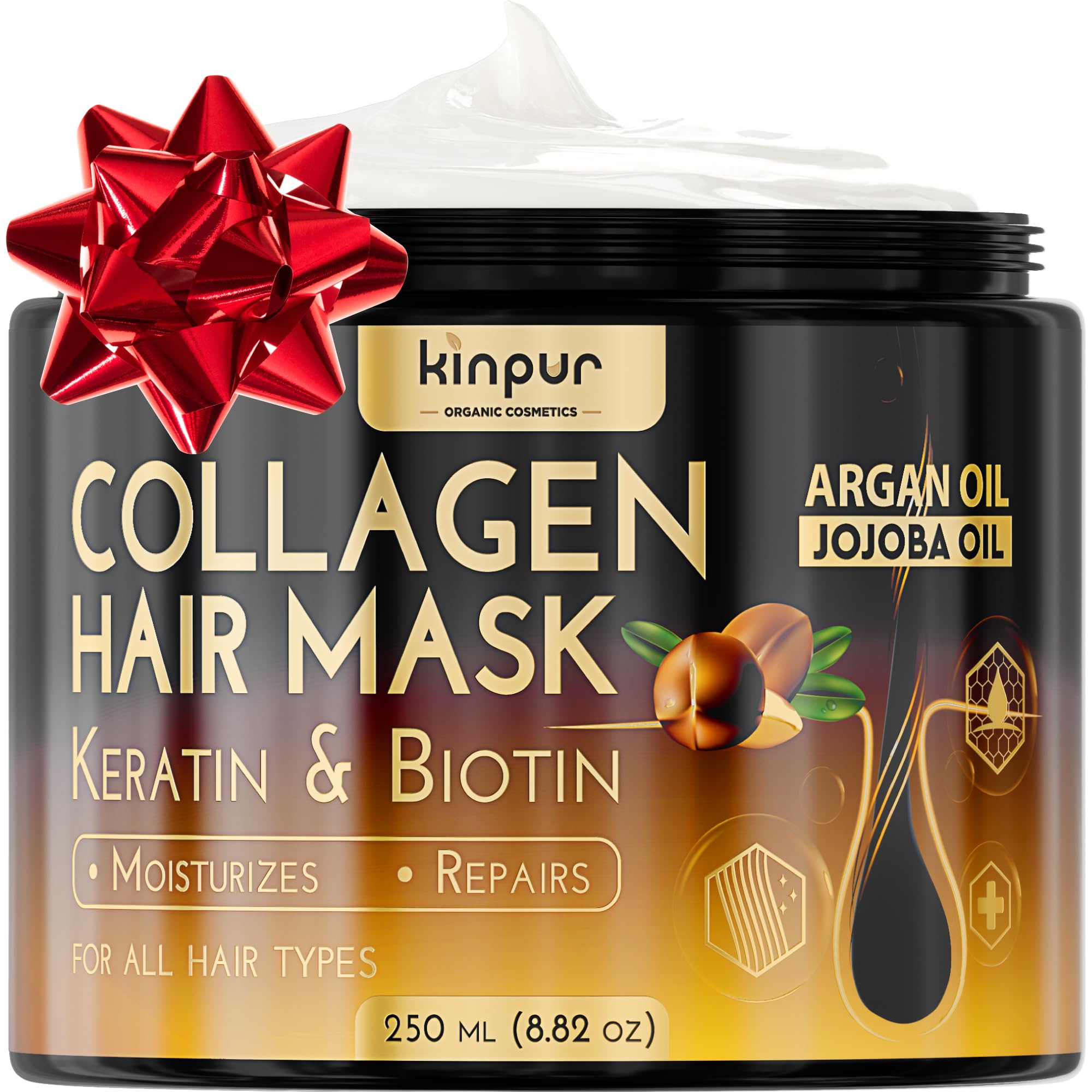 Hair Repair Mask with Collagen, Biotin, Argan Oil - Moisturizing Treatment for Dry, Damaged, Split Hair, Hair Loss, and Heat & Color Protection