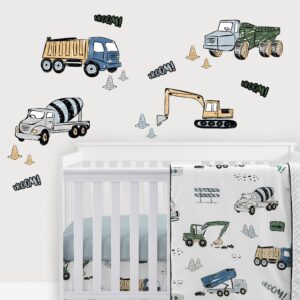 sweet jojo designs construction truck large peel and stick wall decal stickers art nursery decor - set of 4 sheets - grey yellow black blue and green transportation zone vehicles