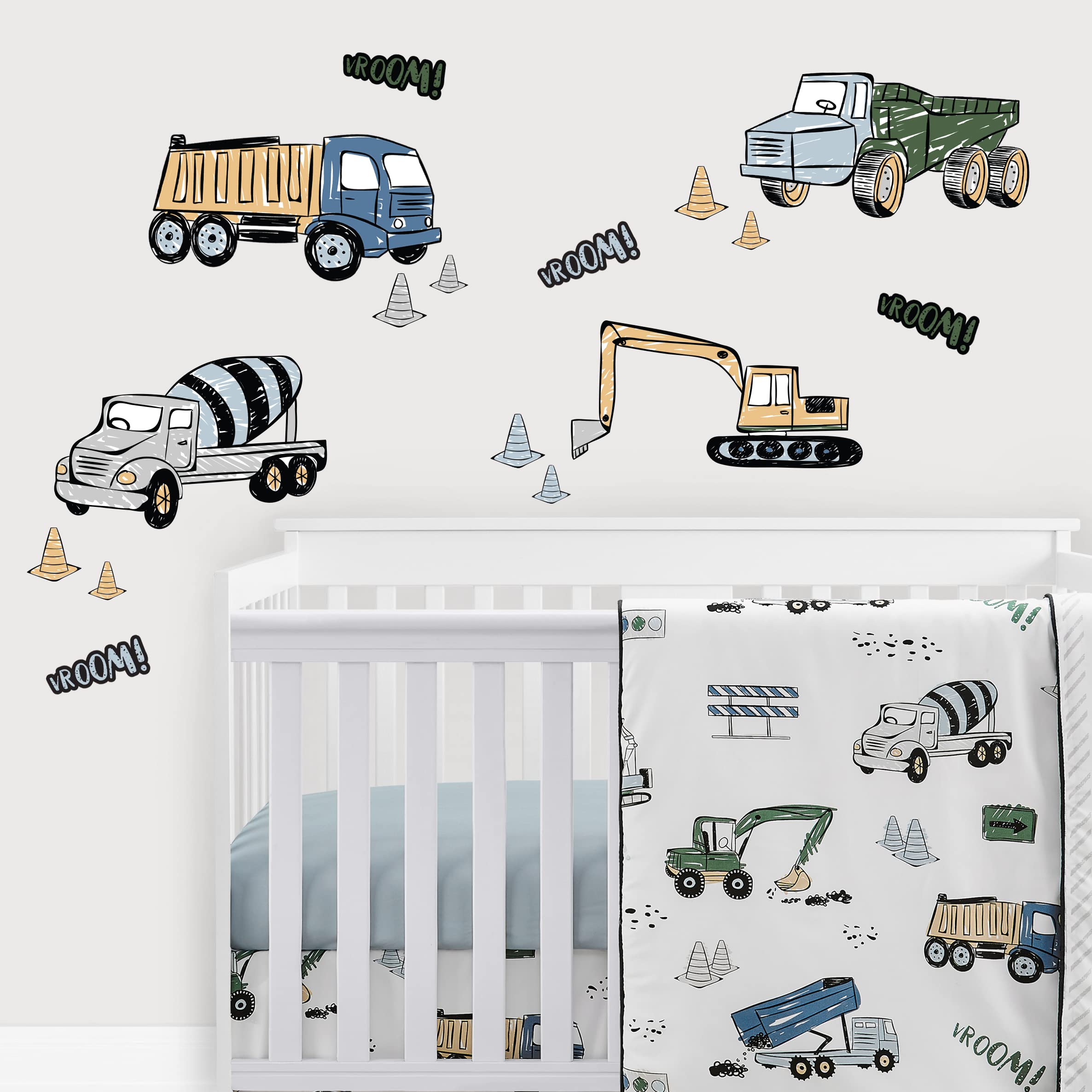 Sweet Jojo Designs Construction Truck Large Peel and Stick Wall Decal Stickers Art Nursery Decor - Set of 4 Sheets - Grey Yellow Black Blue and Green Transportation Zone Vehicles