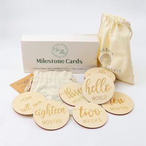 Yumi and Berry Baby Milestone Cards from Newborn to 2 Years Wooden Monthly Discs Comes with Hello World Sign Weekly Wood Dics - Month Signs (Wild Brave 15 Pieces Set) beige