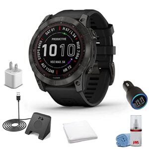 garmin fenix 7x sapphire solar edition smart watch carbon gray titanium with black band (51mm) + watch charging stand + usb car/wall adapter + 6th ave cleaning kit + sweat workout towel (010-02541-10)