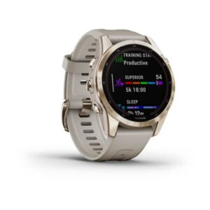 Garmin Fenix 7S Sapphire Solar Edition Smart Watch Cream Gold Titanium with Light Sand Band + Watch Charging Stand + USB Car/Wall Adapter + 6TH AVE Cleaning Kit + Sweat Workout Towel (010-02539-20)