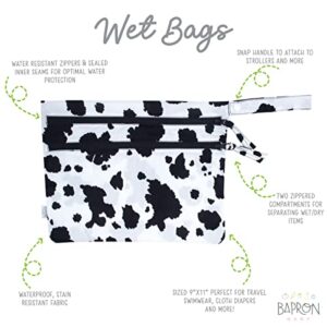 BapronBaby Cowhide Wet Dry Bag - Waterproof Two Zipper Pockets - Reusable for Mealtime, Diapers, Stroller, Snacks, Swimsuits - Machine Washable - 11" x 9"