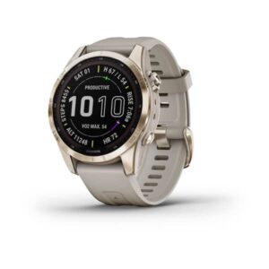 Garmin Fenix 7S Sapphire Solar Edition Smart Watch Cream Gold Titanium with Light Sand Band + Watch Charging Stand + USB Car/Wall Adapter + 6TH AVE Cleaning Kit + Sweat Workout Towel (010-02539-20)