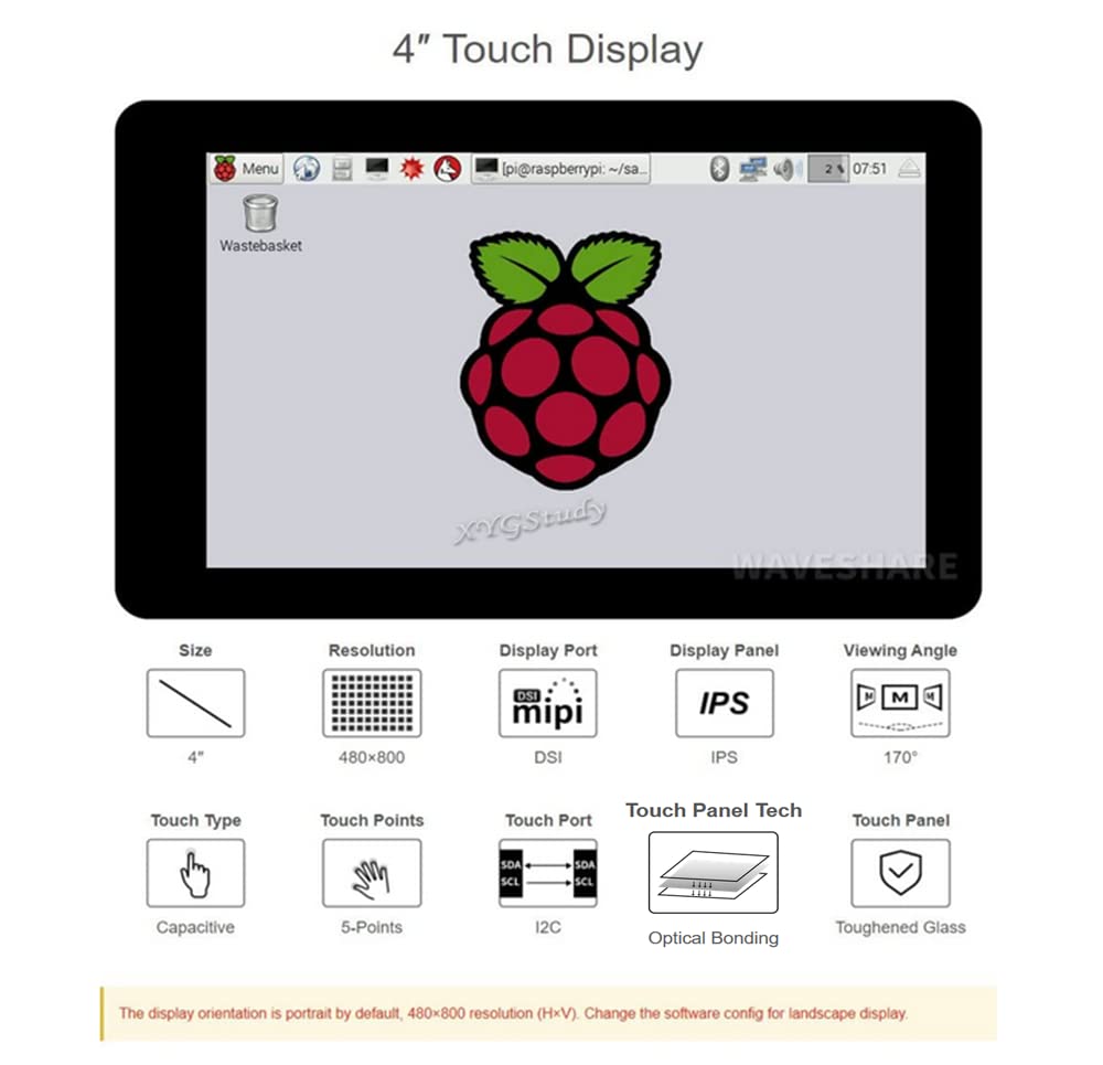 4inch IPS Capacitive 480×800 Touch Display LCD for Raspberry Pi 4B/3B+/3A+ CM3+/4 with DSI Interface Fully Laminated Screen Monitor @XYGStudy