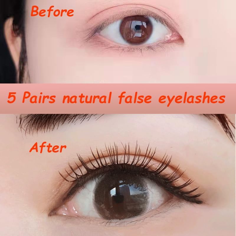 LASGOOS Fake Eyelashes Natural Look False Eye Lashes Daily Strip Cross Clear Band 5-7mm Cross Cute Lashes Invisible band Lash for Wedding Daily Work Eye Makeup 5 Pairs W7