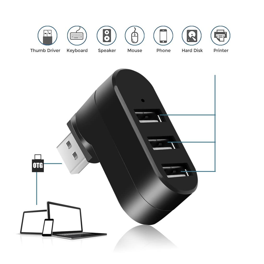 TXY Universal Mini Rotatable 1 Port USB 3.0, 2 Port USB 2.0 Hub High Speed Data Transfer Splitter Box Adapter USB Expander for PC Laptop (Black)