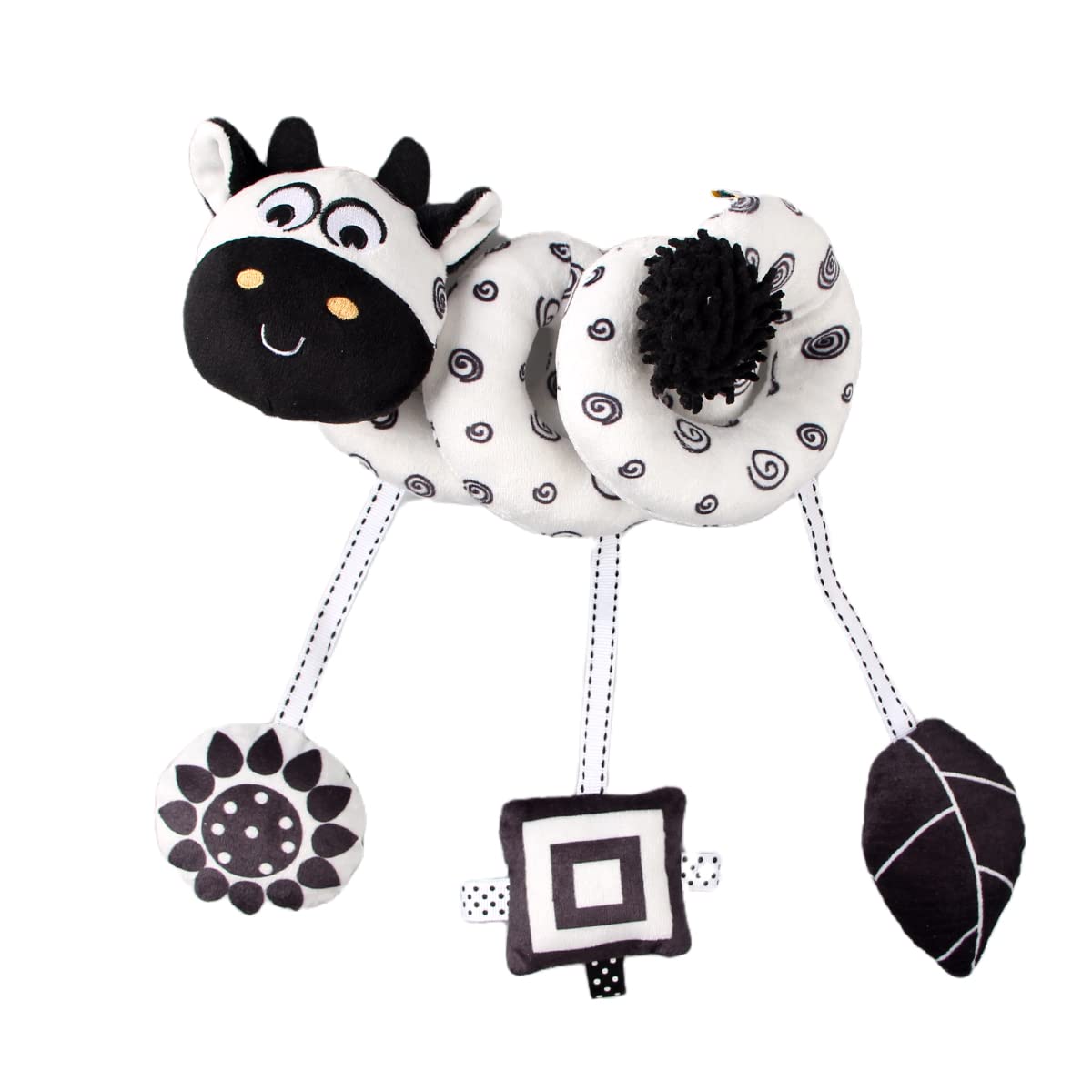 Baby Hanging Stroller Toy, Animal Spiral Plush Circle Activity Car Seat Travel Toys, Black and White Squeak Early Educational Toy for Newborn Boys or Girls