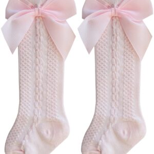 Baby Girls Knee High Socks Bow Thread Toddler Breathable Long Sock Cable Knit Tube (0-12 Months, Grey/Pink/Yellow/White/Red)