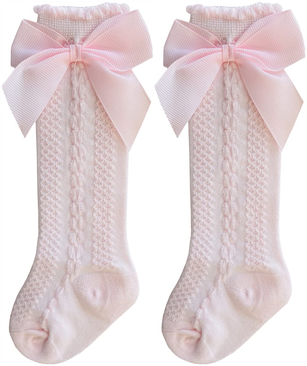 Baby Girls Knee High Socks Bow Thread Toddler Breathable Long Sock Cable Knit Tube (0-12 Months, Grey/Pink/Yellow/White/Red)