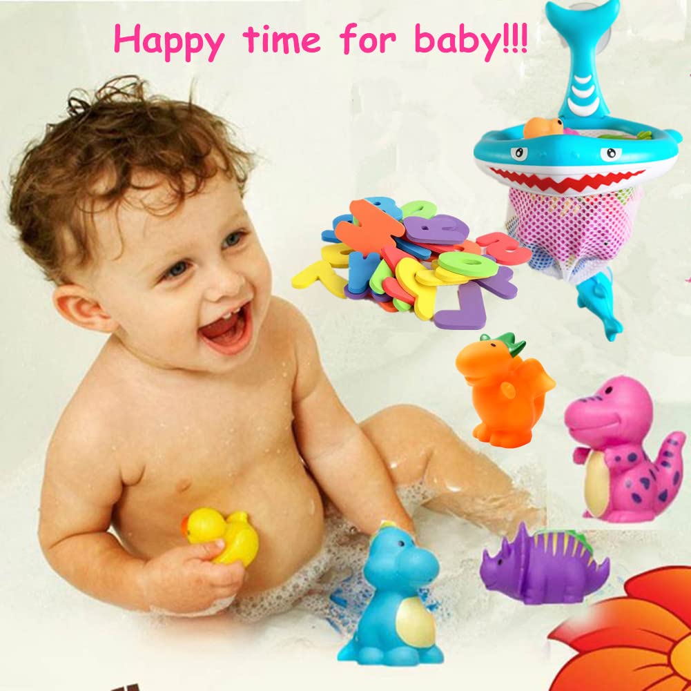 Baby Bath Toys,Bath Toys,Bath Toy Storage,Bath Toys for Toddlers 1-3,Bath Toy Baby Bath Set，Letters & Numbers, Bath Toy Organizer Dinausors Toys , Water Spray Bath Set with Fishing Net(44)