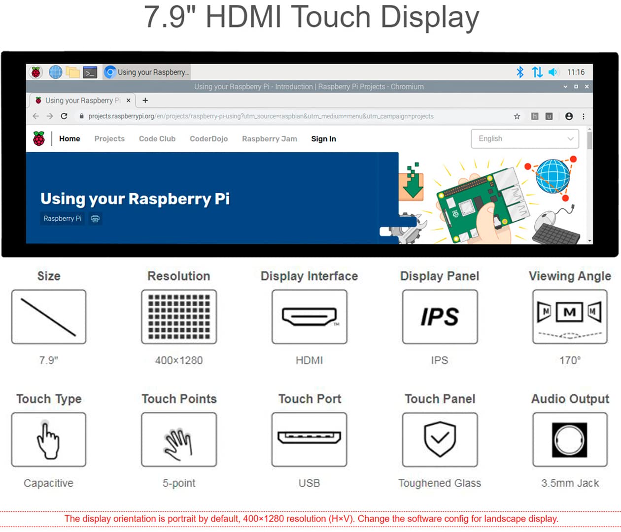 waveshare 7.9inch HDMI LCD 400x1280 Capacitive Touch Screen IPS Screen Display 5-Points Toughened Glass Driver Free for Raspberry Pi 4B/3B+/3B/2B/Zero/Zero 2 W/2 WH and Jetson Nano Windows 10/8.1/8/7