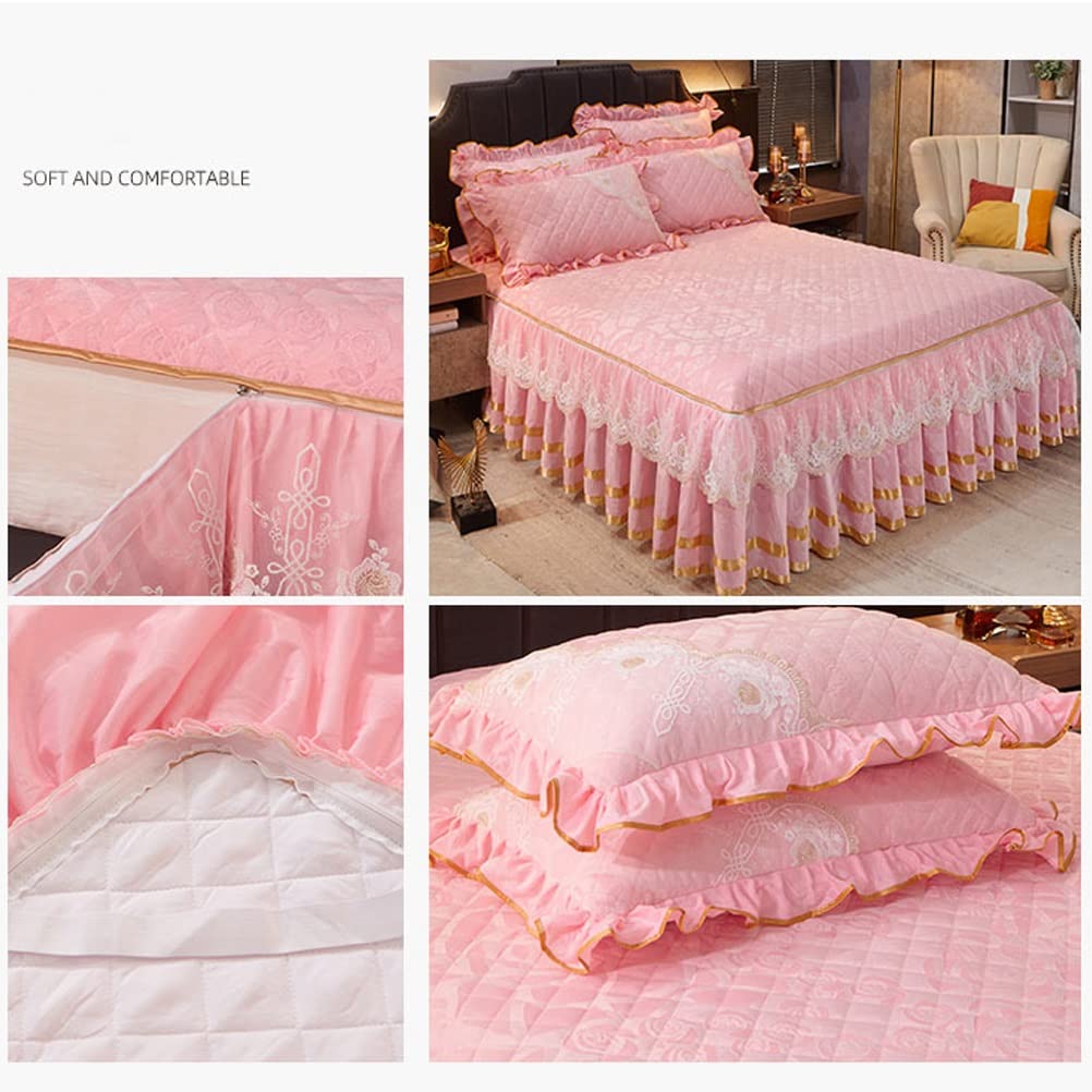 3-Piece Set Bed Skirt Ruffle Double/Single/King Size Thick Warm Sheet Quilted Bed Cover European 3pcs Mattress Cover Protector Bedroom Printing (Color : Pink, Size : 200x220cm)