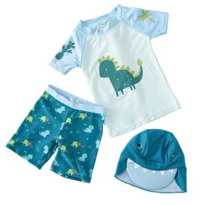 swmstupf baby boys swimsuit toddler two pieces swimwear set dinosaur bathing suit rash guards with hat upf 50+（dinosaur,18-24months）