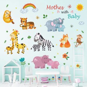 Supzone Jungle Animal Wall Decals Cartoon Animal Mother with Baby Wall Stickers Elephant Giraffe Monkey Wall Sticker for Kids Baby Nursery Playroom Bedroom Girls Boy Room Wall Decor