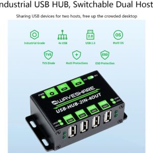 Industrial Grade USB HUB with 4X USB 2.0 Ports, Switchable Dual Hosts, Support Multi System Multi Protections ESD Protection TVS Diode Compatible with Linux, Windows 11/10 / 8.1/8 / 7 / XP