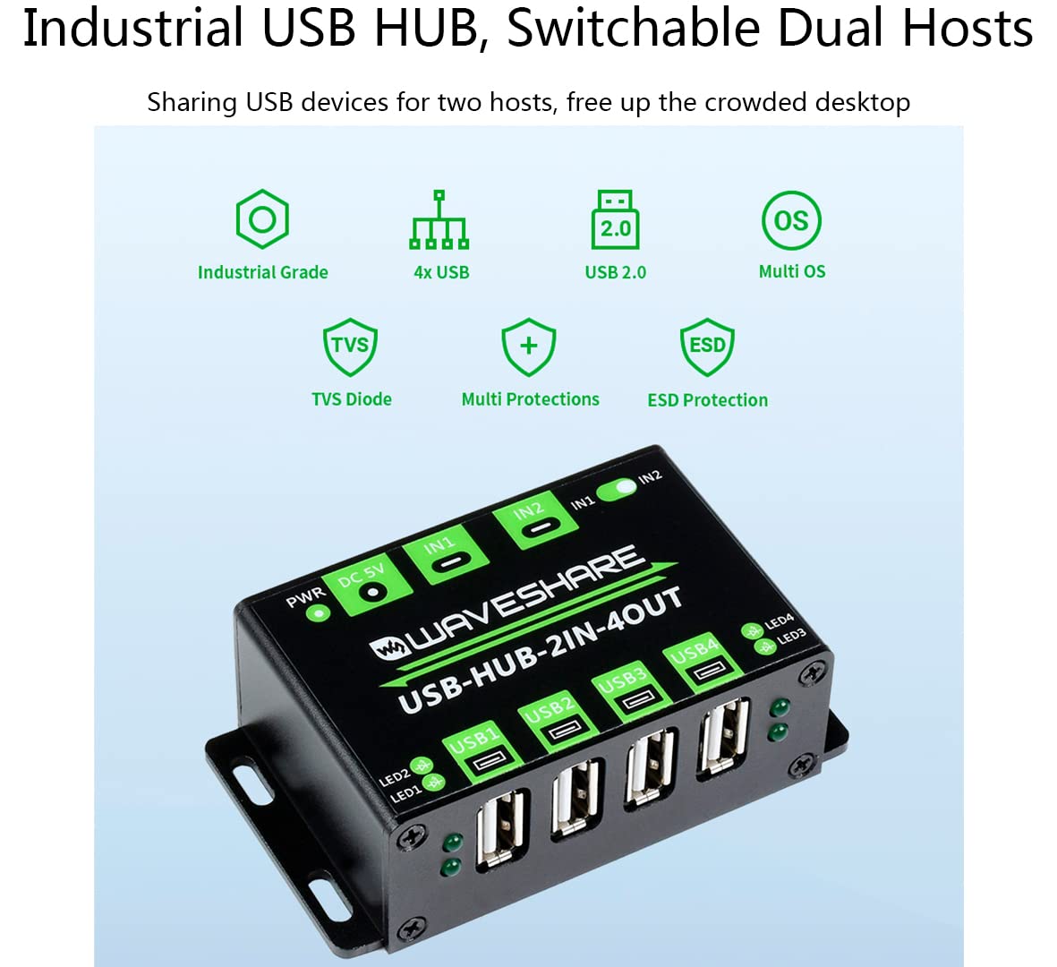 Industrial Grade USB HUB with 4X USB 2.0 Ports, Switchable Dual Hosts, Support Multi System Multi Protections ESD Protection TVS Diode Compatible with Linux, Windows 11/10 / 8.1/8 / 7 / XP