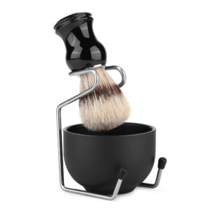 Aethland Shaving Brush Set for Men, 4 in 1 Include 100g Shaving soap, Badger Shaving Brush and Stainless Steel Shaving Stand & Shaving Bowl for Husband Father Birthday Boyfriend Gifts（B Black)