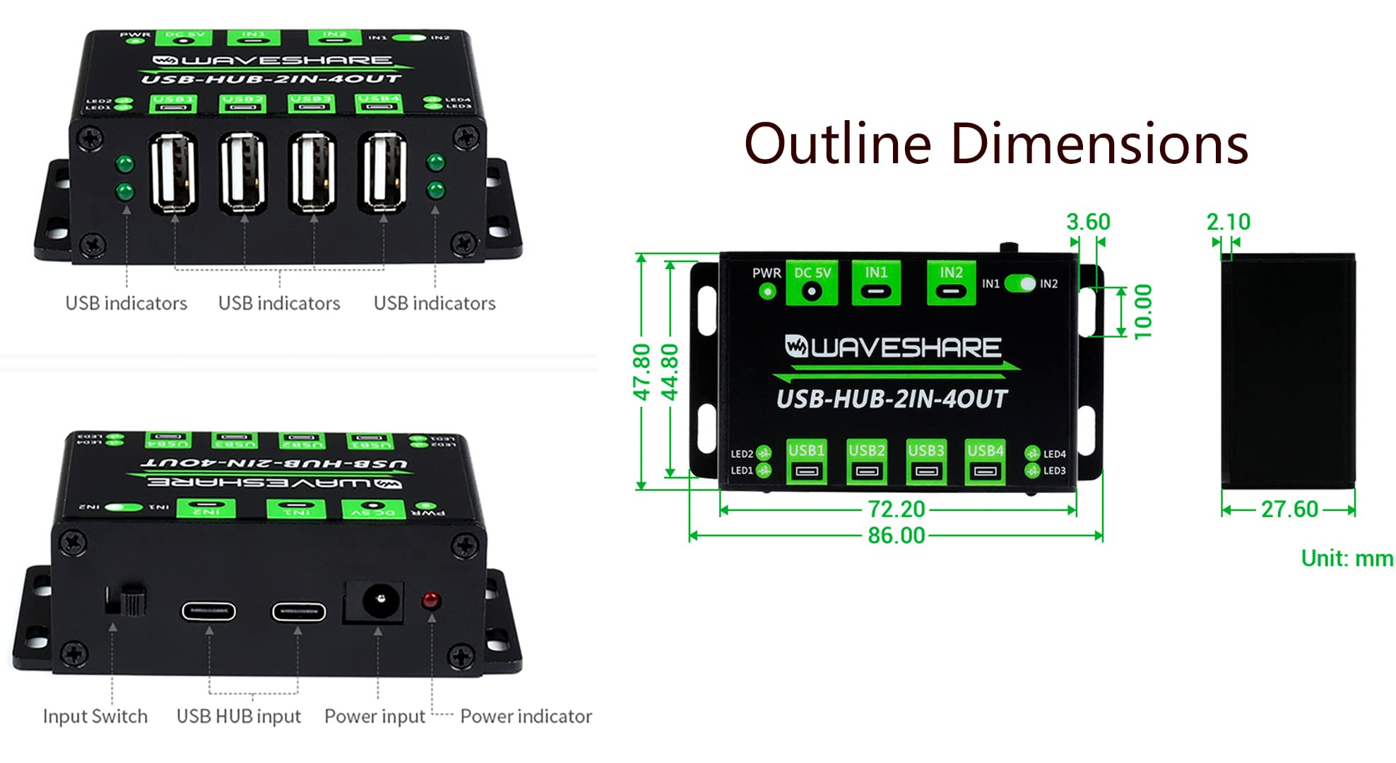 Industrial Grade USB HUB with 4X USB 2.0 Ports, Switchable Dual Hosts, Support Multi System Multi Protections ESD Protection TVS Diode Compatible with Linux, Windows 11/10 / 8.1/8 / 7 / XP