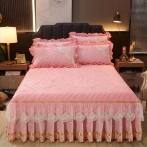 3-piece set bed skirt ruffle double/single/king size thick warm sheet quilted bed cover european 3pcs mattress cover protector bedroom printing (color : pink, size : 200x220cm)