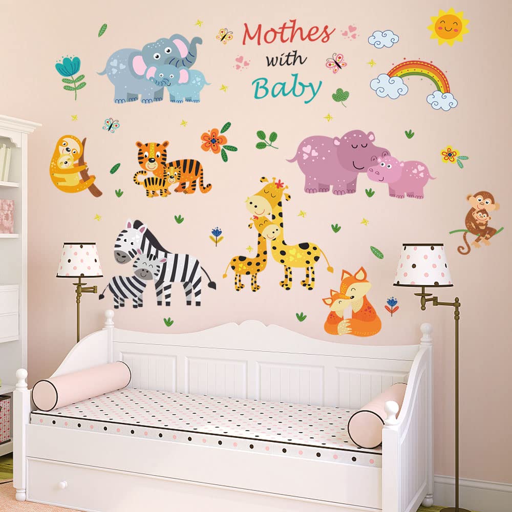 Supzone Jungle Animal Wall Decals Cartoon Animal Mother with Baby Wall Stickers Elephant Giraffe Monkey Wall Sticker for Kids Baby Nursery Playroom Bedroom Girls Boy Room Wall Decor