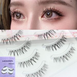 LASGOOS Fake Eyelashes Natural Look False Eye Lashes Daily Strip Cross Clear Band 5-7mm Cross Cute Lashes Invisible band Lash for Wedding Daily Work Eye Makeup 5 Pairs W7