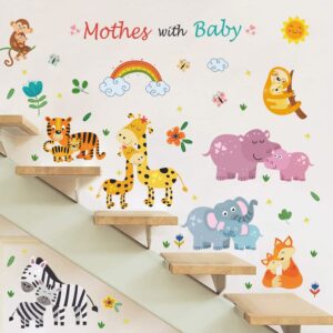 Supzone Jungle Animal Wall Decals Cartoon Animal Mother with Baby Wall Stickers Elephant Giraffe Monkey Wall Sticker for Kids Baby Nursery Playroom Bedroom Girls Boy Room Wall Decor