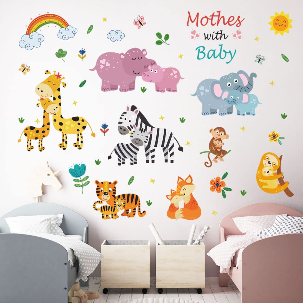 Supzone Jungle Animal Wall Decals Cartoon Animal Mother with Baby Wall Stickers Elephant Giraffe Monkey Wall Sticker for Kids Baby Nursery Playroom Bedroom Girls Boy Room Wall Decor