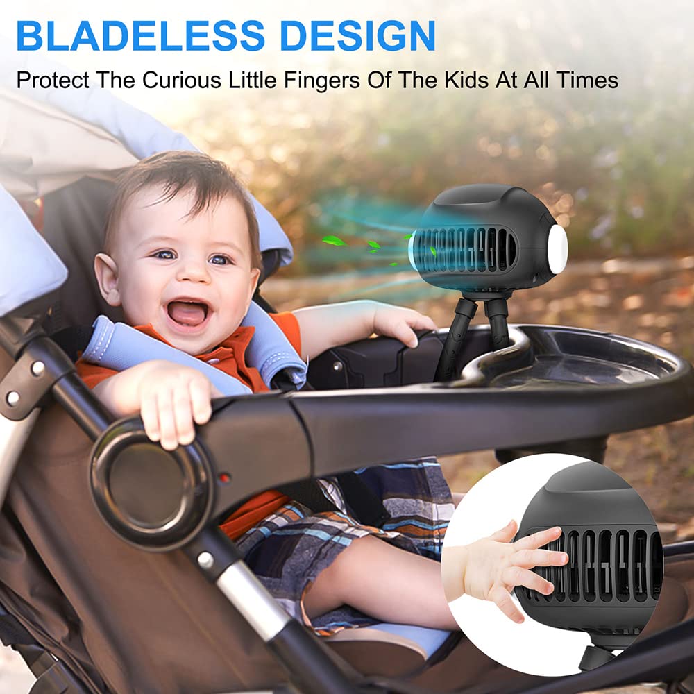 Mamtopia Baby Stroller Fan with Night Light, Rechargeable Bladeless Fan Portable Clip On Fan with 3 Speeds & Flexible Tripod 360°Rotatable for Child Car Seat Crib Bike Desk (Black)