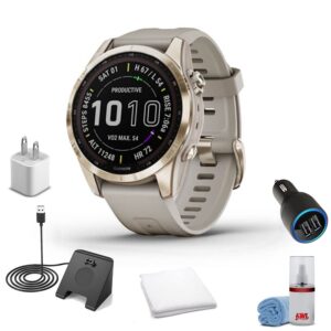 garmin fenix 7s sapphire solar edition smart watch cream gold titanium with light sand band + watch charging stand + usb car/wall adapter + 6th ave cleaning kit + sweat workout towel (010-02539-20)