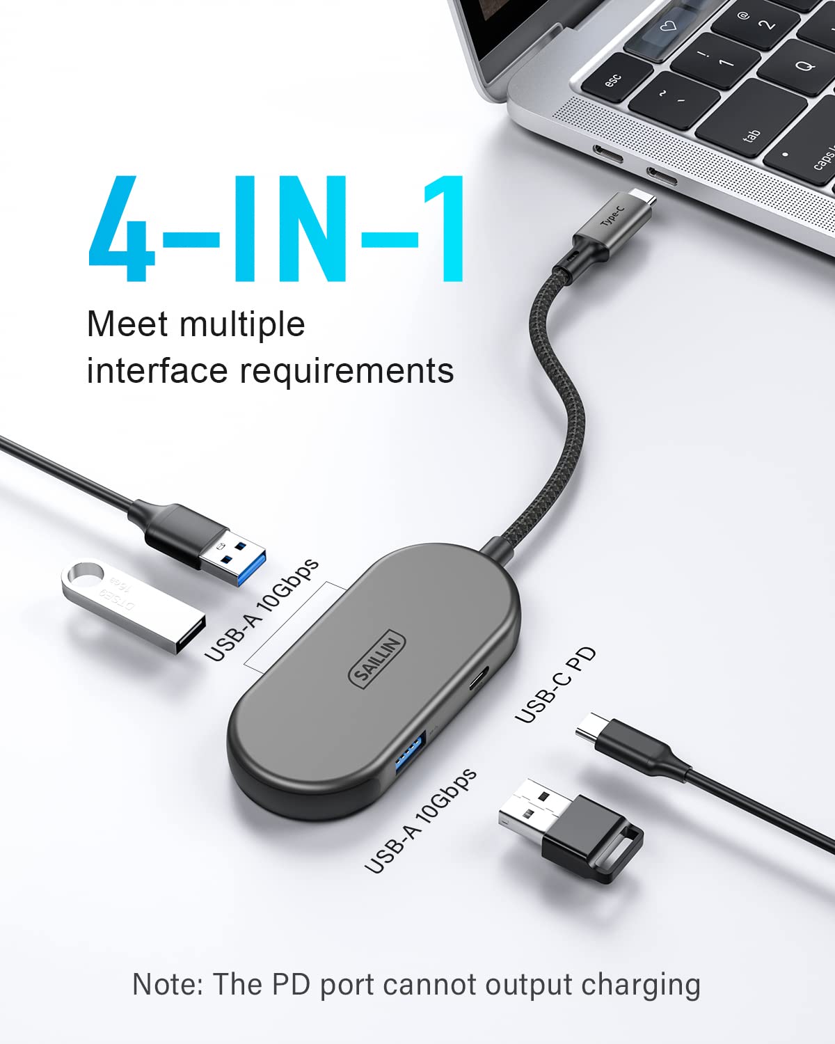 YBW 10Gbps USB C Hub, SAILLIN USB-C Hub with 3 USB 3.1/3.2 Gen 2 Ports and USB C 100W PD Charging Port, Super-Speed Thunderbolt/USB C to USB A Adapter Compatible with MacBook Pro/Air, XPS, and More