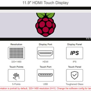 waveshare 11.9inch HDMI LCD 320×1480, IPS Display Capacitive Touch Screen LCD, for Raspberry Pi 4B/3B+/3B/2B/Zero W/Zero 2 W/Zero 2 WH/Jetson Nano/PC/Windows 11/10 / 8.1/8 / 7