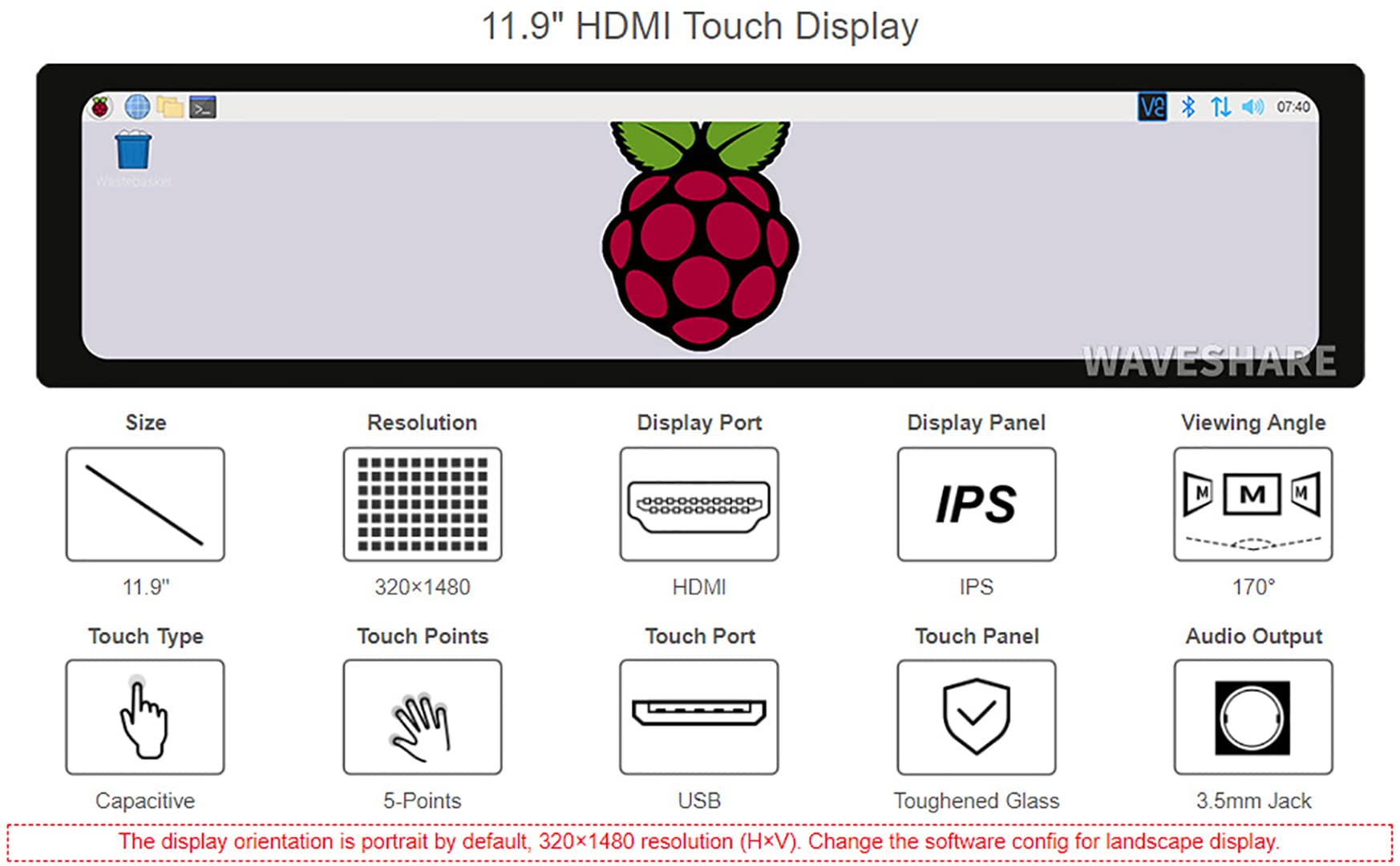 waveshare 11.9inch HDMI LCD 320×1480, IPS Display Capacitive Touch Screen LCD, for Raspberry Pi 4B/3B+/3B/2B/Zero W/Zero 2 W/Zero 2 WH/Jetson Nano/PC/Windows 11/10 / 8.1/8 / 7