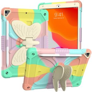 tading ipad 9th 8th 7th generation case for kids with pencil holder, ipad 10.2 case, butterfly kids proof kickstand cover for girls for ipad 10.2 inch 2021 2020 2019 - rainbow