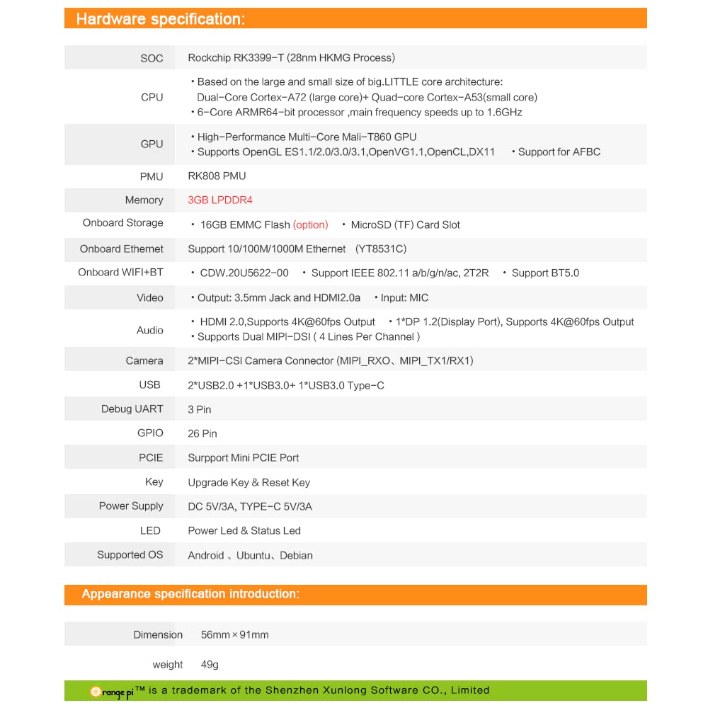 Orange Pi 4 LTS 3GB LPDDR4 Rockchip RK3399 Six Core ARMR 64 Bit with 16GB EMMC, Single Board Computer Run Android, Ubuntu, Debian OS (Pi 4 LTS 3GB +16GB EMMC)