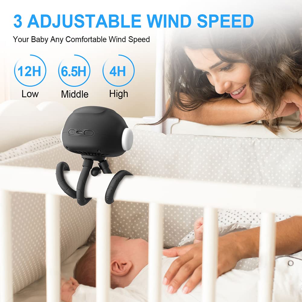 Mamtopia Baby Stroller Fan with Night Light, Rechargeable Bladeless Fan Portable Clip On Fan with 3 Speeds & Flexible Tripod 360°Rotatable for Child Car Seat Crib Bike Desk (Black)