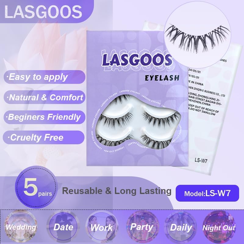 LASGOOS Fake Eyelashes Natural Look False Eye Lashes Daily Strip Cross Clear Band 5-7mm Cross Cute Lashes Invisible band Lash for Wedding Daily Work Eye Makeup 5 Pairs W7