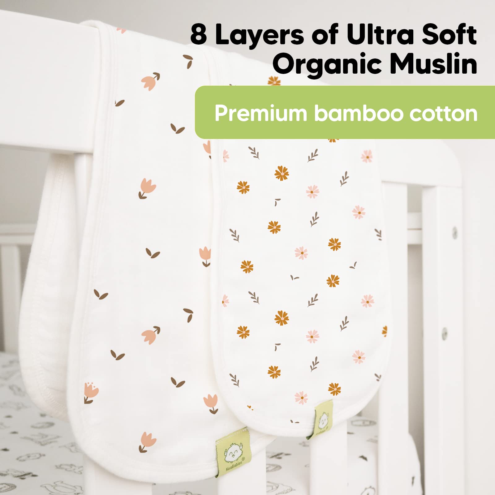 KeaBabies 5-Pack Organic Muslin Baby Burp Cloths And Baby Bandana Drool Bibs Bundle - White Burp Cloth (Petals) - Super Absorbent Bandana Drool Bibs (Bloom)